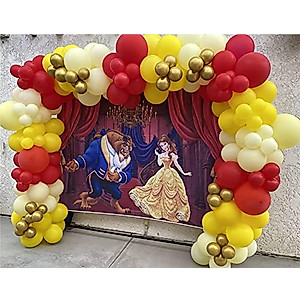 Beauty and The Beast Backdrop Palace Golden Chandelier Red Curtain Photography Background Princess Girl Baby Shower Birthday Party Studio Photo Decoration Props 7x5FT