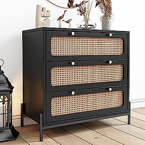 CKLMMC Modern 3-Drawer Chest,Cannage Rattan Closet,Wood Storage Cabinet Sideboard for Bedroom, Living Room, Entryway, Hallway (Black#Rattan*c)