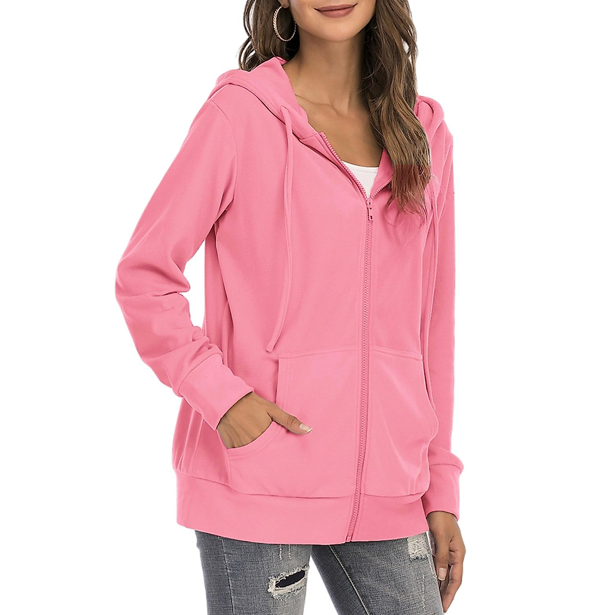 GOCHIC Womens Full Zip Hoodies Long Sleeve Oversized Basic Drawstring Hooded Sweatshirt Lightweight Loose Fit 2023 Fall Winter Hoody Jackets with Pockets Pink Small