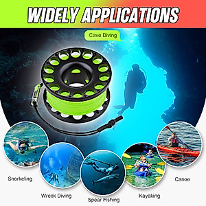 Pecihiko Scuba Diving Reel, Aluminum Alloy Wreck Cave Finger Spool with 30m/100ft High Visibility Line and Double-Ended Bolt Snap Clip Fits for Outdoor Diving Activities Fluorescent Green