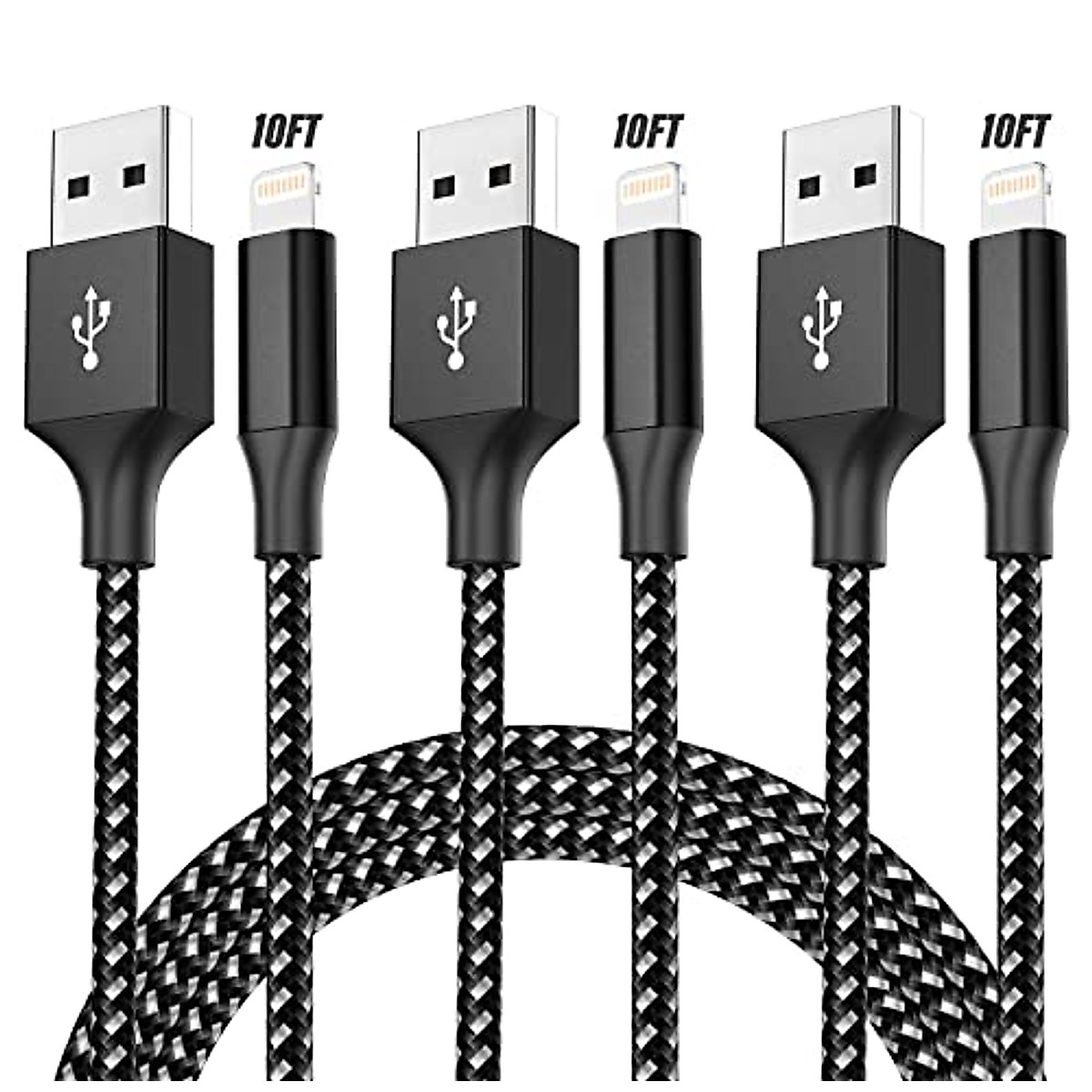 Apple MFi Certified Lightning Cable 3 Pack 10 FT，Nylon Braided iPhone Charger Fast Charging iPhone Charger Cord Super Long Compatible with iPhone 13 12 11 Pro Max XR XS X 8 7 6 Plus SE iPad and More