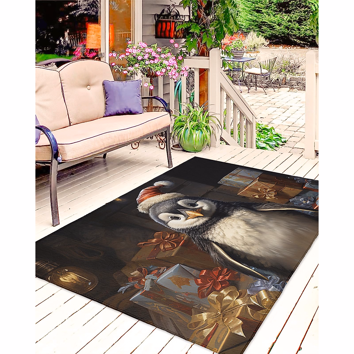 Christmas Penguin Outdoor Rugs for 5'x8' Patios Clearance, RV Camping Mat Rug Portable Outside Rug Indoor Outdoor Area Rug Mat for Beach Deck Pool Merry