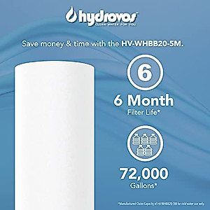 HYDROVOS 5 Micron 20" x 4.5" Whole House Water Filter, NSF Certified Sediment Filter for Home Water Filtration System, Large Capacity Universal Fit Replacement Cartridge, 6-Month Filter Life