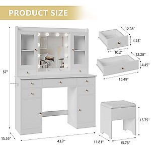 Makeup Vanity Desk with Mirror and Lights, White Vanity Table Set with Storage Drawers, Charging Station, Cabinets & Chair, Large Dressing Table with RGB Ambient Light for Women Girls Bedroom Bathroom
