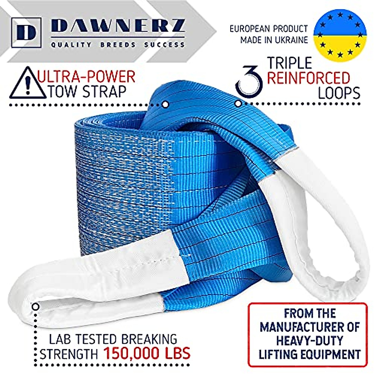 Tow Strap Heavy Duty 20 ft 150000 lbs - Dawnerz Towing Rope 6 m 75 US Tons for Truck Bus and Tractor