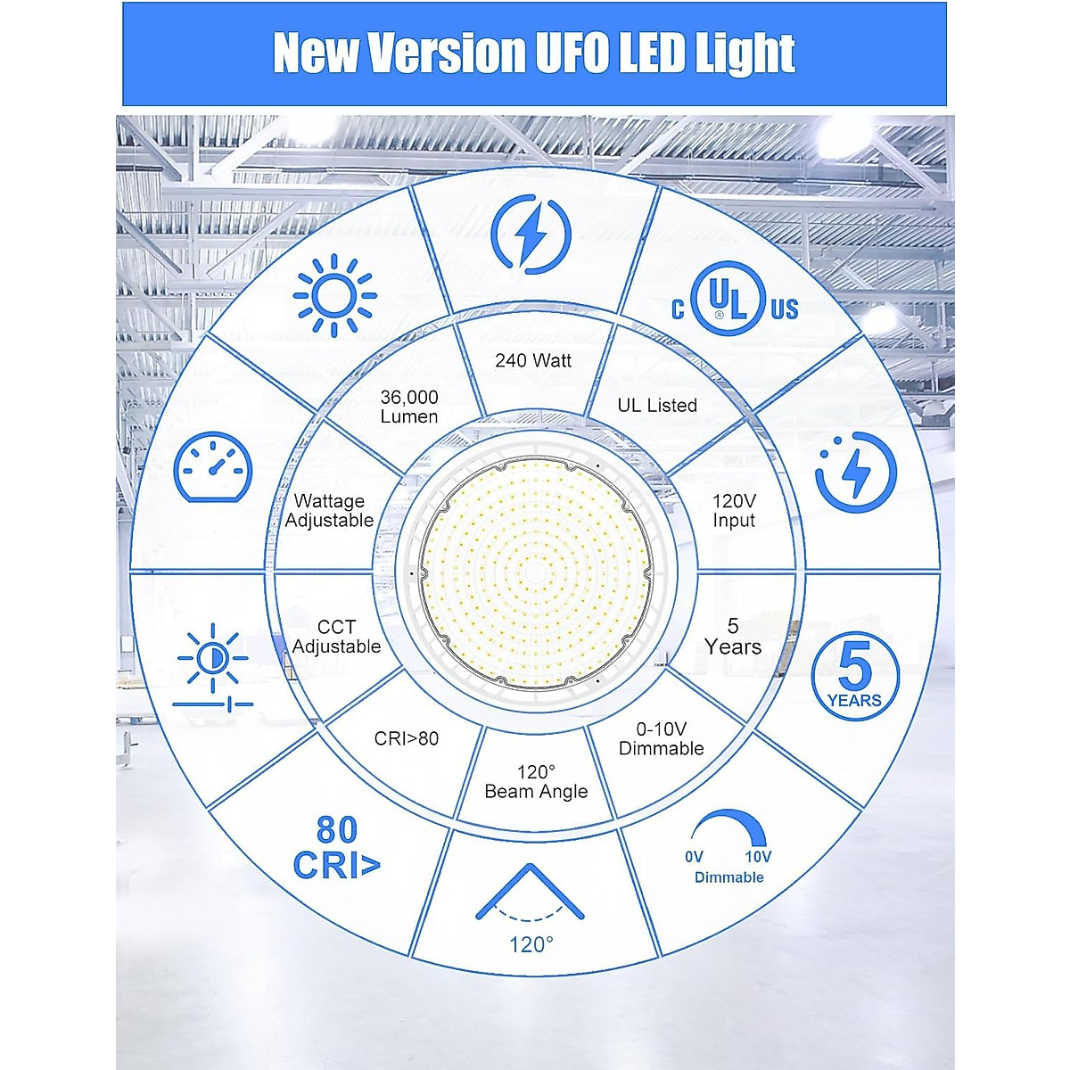 KUKUPPO 10 Pack LED High Bay Light 240W 190W 140W Adjustable, 3000K 4000K 5000K Adjustable UFO Bay Light with 5' Cable and Plug, 0-10V Dimmable AC100-277V UL&DLC Listed, White
