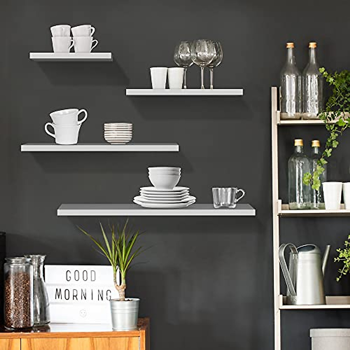 White Floating Shelves Wall Mounted Set of 4, Perfecct Home Decor for Living Room Kitchen Bedroom Bathroom Office Shelf with Towel Bar Décor Shelves Trophy Display Photo Frames and More…