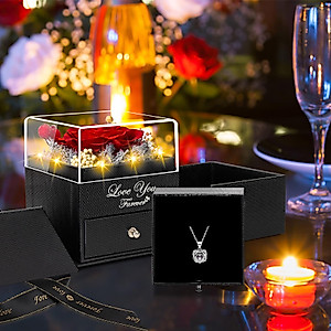 Preserved Red Real Rose with Heart I Love You Necklace -Eternal Flowers Rose Birthday Gifts for Women Her Mom Wife Girlfriend Grandma on Valentines Mothers Day Christmas Anniversary Romantic-Red