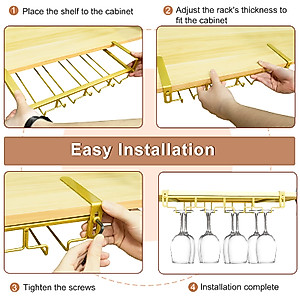 AUHOKY Adjustable Wine Glass Holder Under Shelf, Nail Free Metal Stemware Holder Storage Hanger, Hanging Wine Glasses Rack Organizer Under Cabinet Mount for Bar Kitchen (4 Rows, Gold)