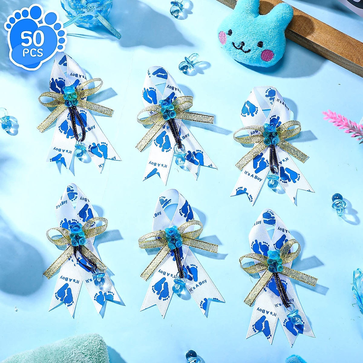 50 Pcs Baby Shower Bowknot Brooch Pins Baby Shower Gifts It's a Boy Ribbon Brooch with Blue Pacifier and Bear for Gender Reveal Party Decorations Baby Shower Party Favors