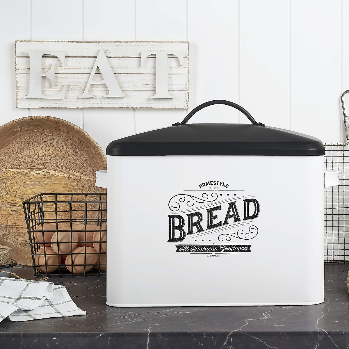 Extra Large White Bread Box with Black Lid - Bread Boxes for Kitchen Counter - Holds 2+ Loaves for All Your Bread Storage – Farmhouse Kitchen Vintage Bread Storage Container and Counter Organizer