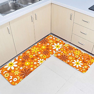 Floral Kitchen Mats for Floor 2 Piece Cushioned Comfort Standing Mat Kitchen Runner Rug Set for Home & Office Orange Butterfly Flower