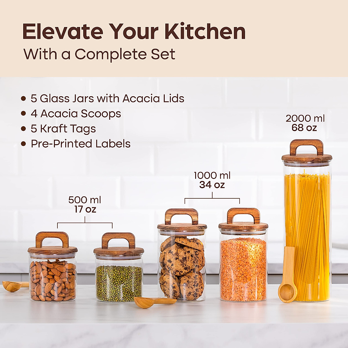 BELLE TERRE Premium Glass Jar Set - 5 Canisters with Airtight Natural Acacia Lids, Custom Labels & Spoons - Food Storage Containers & Pantry Organization - 17oz, 34oz, 68oz - Transparent, Durable
