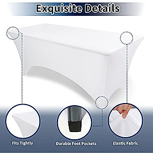 PureFit Spandex White Table Covers 6ft Fitted Table Clothes for 6 Foot Rectangle Tables, Elastic Massage Table Cover, Stretch Wrinkle Free Tablecloth for Party, Wedding, Banquet, Vendor Stand, 2 Pack