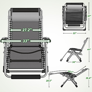 ZENPETIO Oversized Zero Gravity Chair, 33In XXL Zero Gravity Recliner Lounge Chair, Anti Gravity Chair for Indoor and Outdoor, Reclining Camping Chair for Lawn and Patio w/Cushion and Footrest, 500LBS