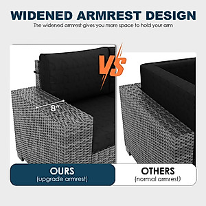 VONZOY Patio Furniture Set, Outdoor Sectional Sofa Sets, 6 Pieces Wide Armrest Grey PE Rattan Wicker Seating Conversation Set, 4'' Thickened Cushions 1 Glass Coffee Table for Backyard Poolside, Black