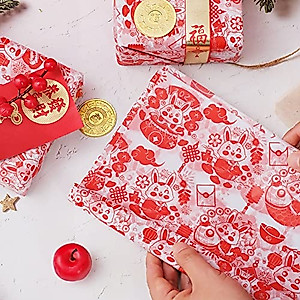Kavoc 100 Sheets Red Rabbit Tissue Bulk, Cute Rabbit Fu Character Tissue for Chinese New Year Gift Wrapping, Traditional Art Paper Cutting for 2023 Spring Festival Decor, 20 x 14in