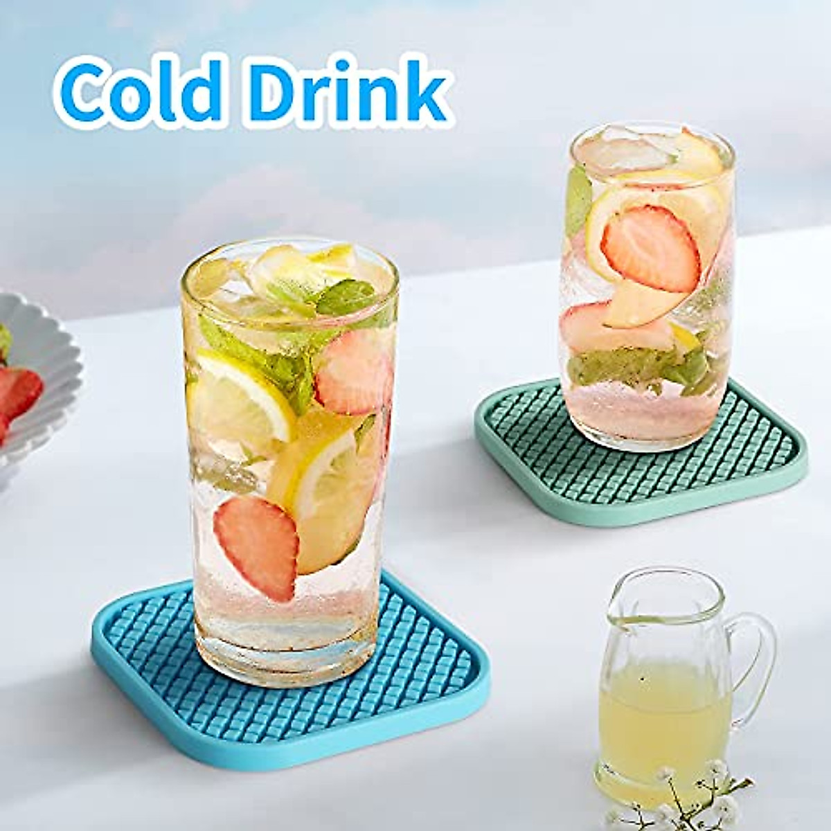 Silicone Coasters [6 Pack] ME.FAN Coasters for Drinks,Drink Coasters with Holder - Cup Mat - Non-Slip, Non-Stick, Stay Put, Deep Tray - Prevents Furniture and Tabletop Damages Square Nave Blue