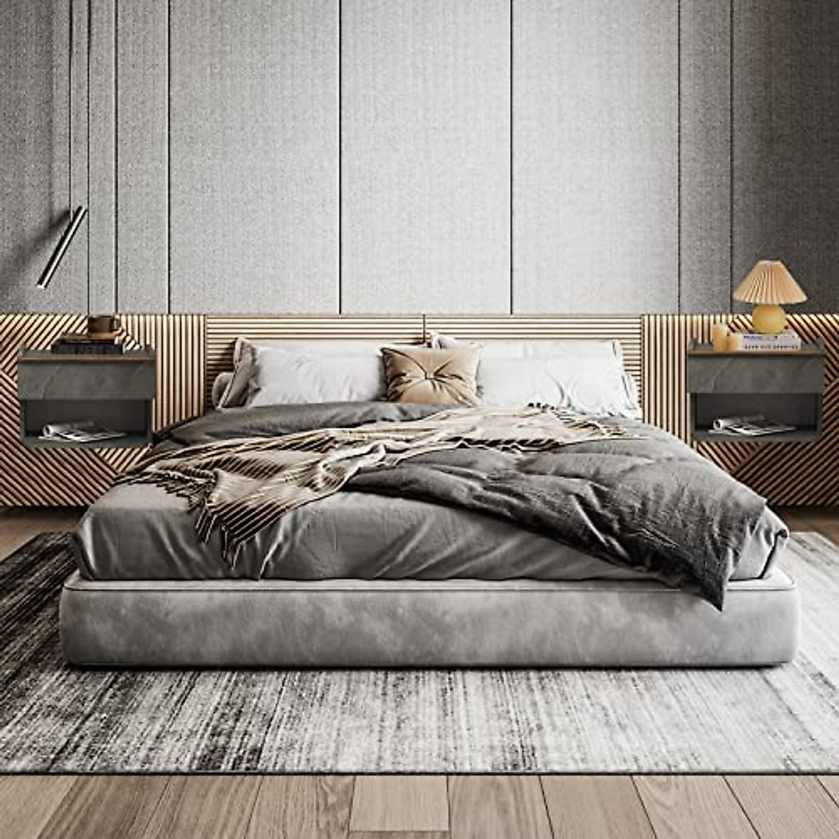 Bixiaomei Floating Bedside Table Nightstands, Wall Mounted Bedside Cabinet, Floating Wall Shelf Console with Mental, Modern Storage Cabinet Unit for Bedroom & Living Room (2 Pieces/Dark Grey/17.72IN)