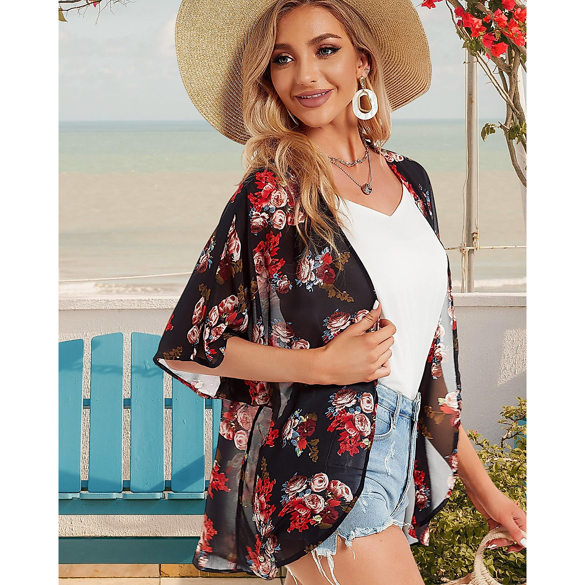 Women's Floral Print Puff Sleeve Kimono Cardigan Loose Cover Up Casual Blouse Tops(BLACK S)