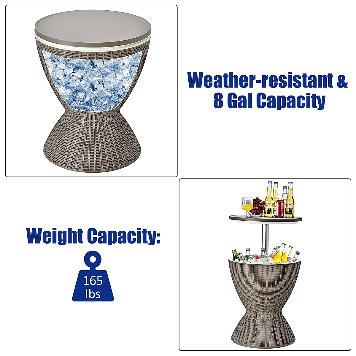 Giantex Cool Bar Table, 8 Gallon Beer and Wine Cooler, Rattan Style Patio Bar Tables, Height Adjustable, 3-in-1 Ice Cooler with Drainage Plug, Outdoor Cocktail Table for Deck Pool Party (Coffee)