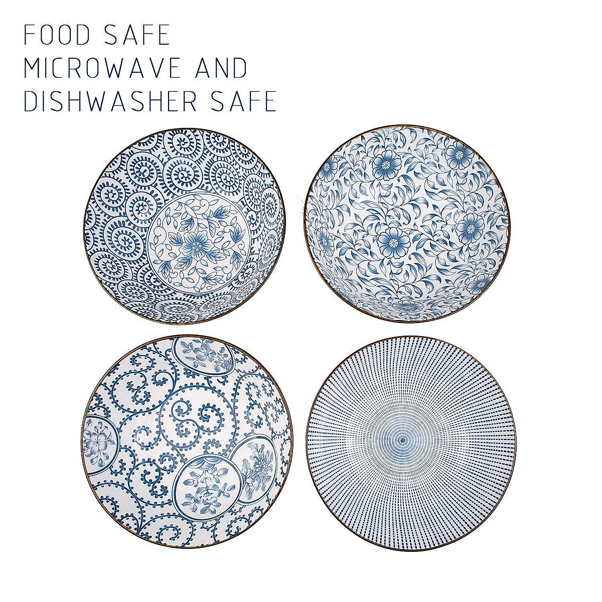 YALONG 40 Ounce Large Deep Soup Pho Bowls Set, Blue White Porcelain Salad Bowls for Ramen Pasta Cereal Pasta Wonton, Stackable Deep Noodle Serving Bowls Set of 4