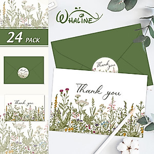 Whaline 24 Pack Vintage Wild Floral Thank You Cards Bulk Retro Botanical Green Leaves Herbs Greeting Cards with Envelope Sticker for Birthday Wedding Baby Shower Bridal Shower
