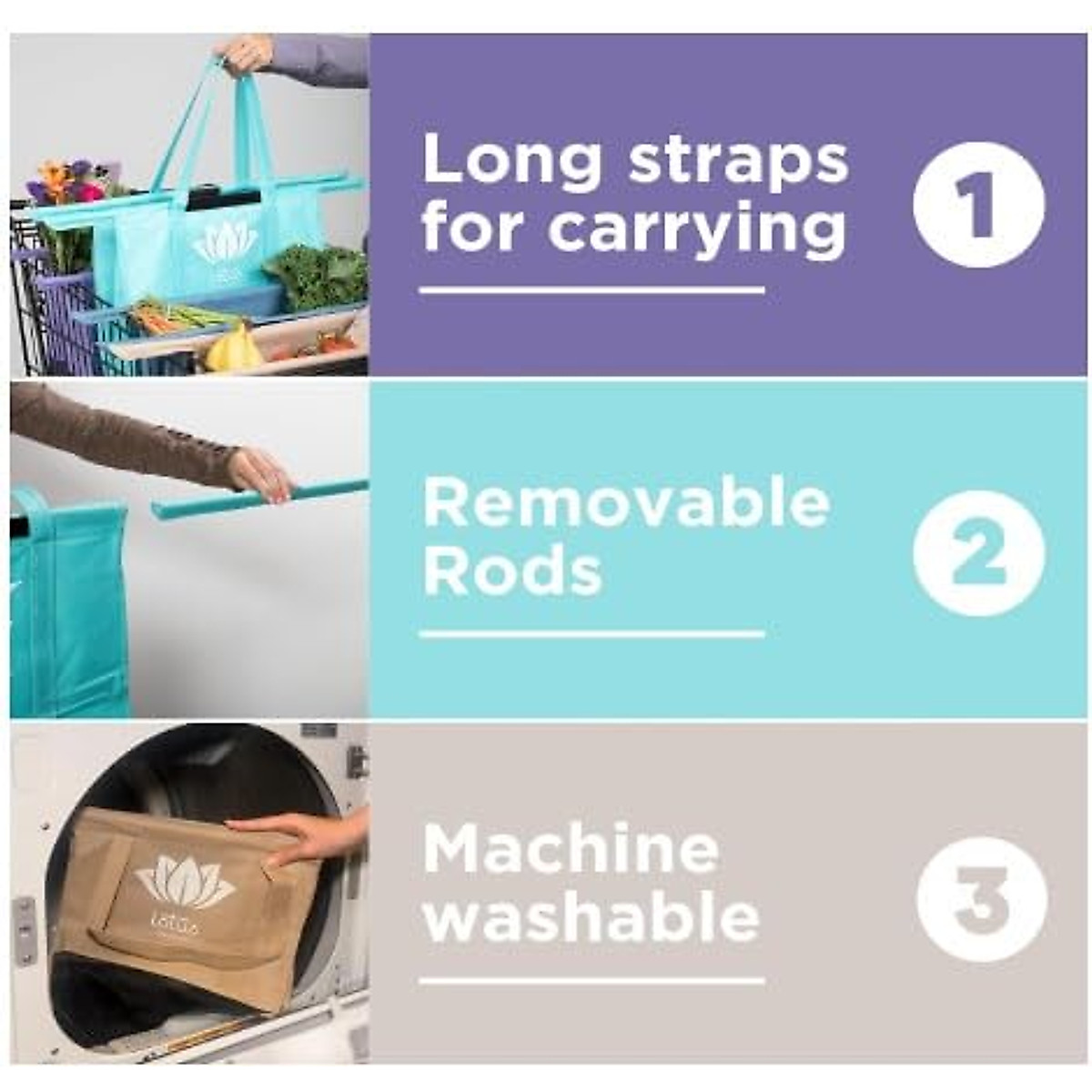 Lotus Trolley Bags -set of 4 -w/LRG COOLER Bag & Egg/Wine holder! Reusable Grocery Cart Bags sized for USA. Eco-friendly 4-Bag Grocery Tote. (Purple, Turquoise, Blue, Brown,)