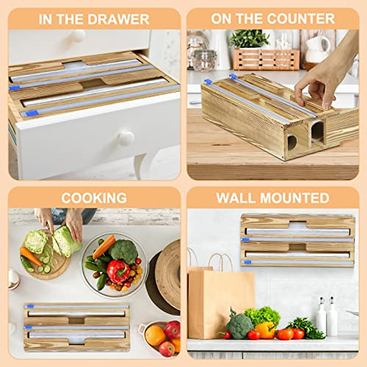 2 in 1 Wood Plastic Wrap Dispenser with Cutter, Foil Plastic Wrap Roll Organizer for Kitchen Drawer, Aluminum Foil, Wax Paper, Parchment, Saran Wrap Dispenser for Organization and Storage