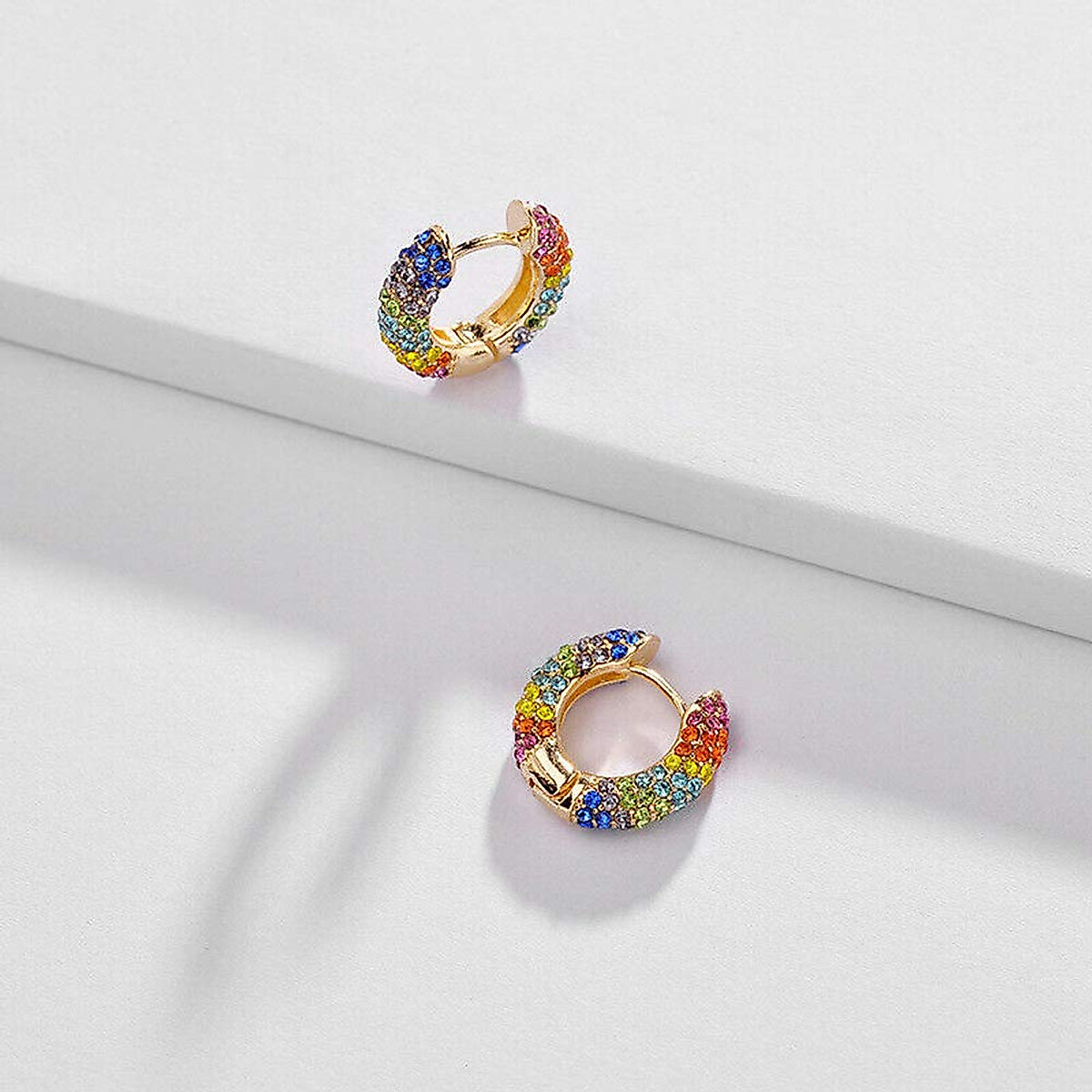 CiNily Huggie Hoop Earrings, Rainbow Colorful Crystal Yellow Gold Plated Cuff Earrings Fashion Small Hoop Earrings for Women