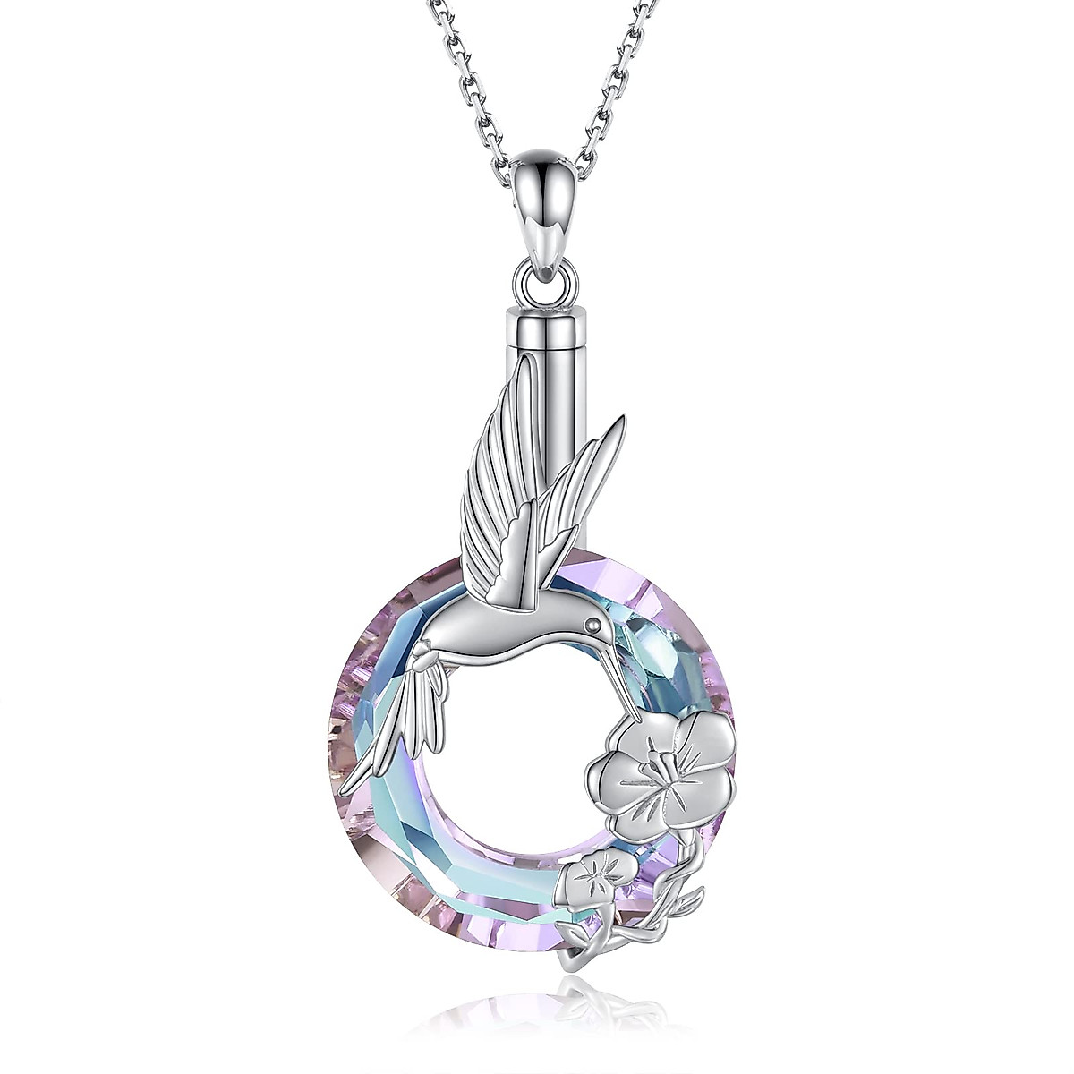 925 Sterling Silver Butterfly Hummingbird Rose Urn Necklace for Ashes Crystal Cremation Pendant Memorial Jewelry for Women (Hummingbird (Purple))