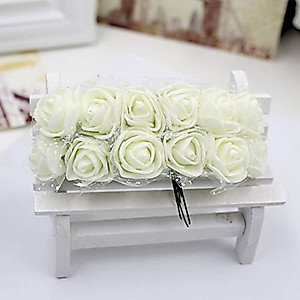 Floral Decor 12Pcs Artificial Flower Lace Foam Rose Bouquet Wedding Home Christmas Decoration Wreath Scrapbook Gift Box Valentines Day - (Color: Beige)