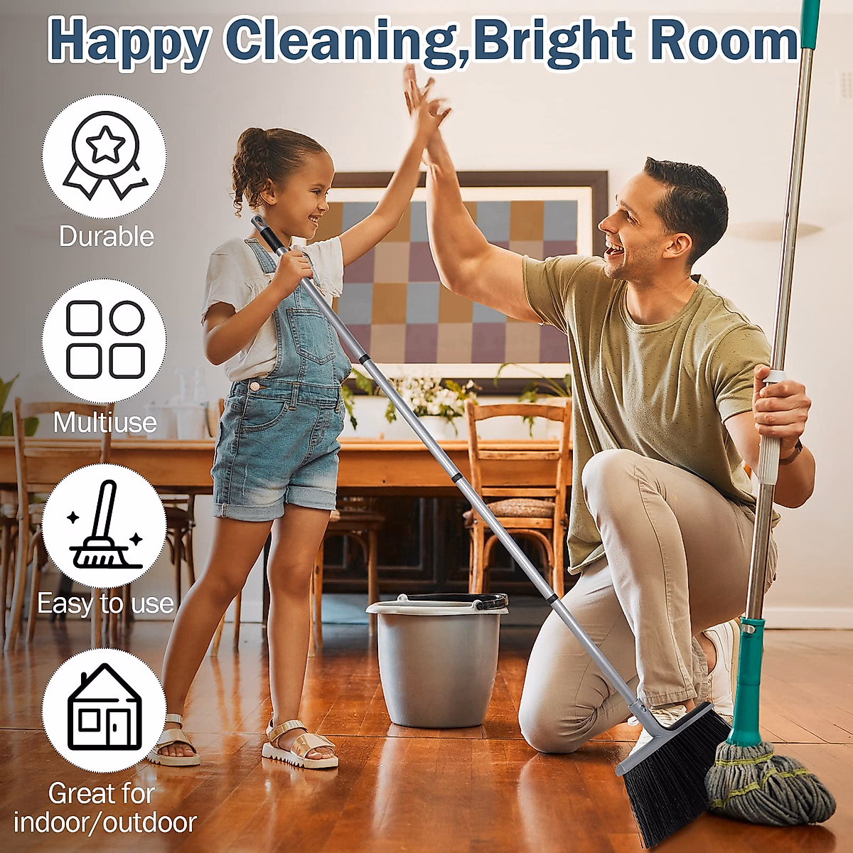 3 Pcs Heavy Duty Broom Outdoor/Indoor Broom for Floor Cleaning with 58 inch Long Handle, Angle Broom Heavy Duty Commercial Broom for Home Garage Kitchen Office Lobby Lawn Courtyard Concrete (Gray)