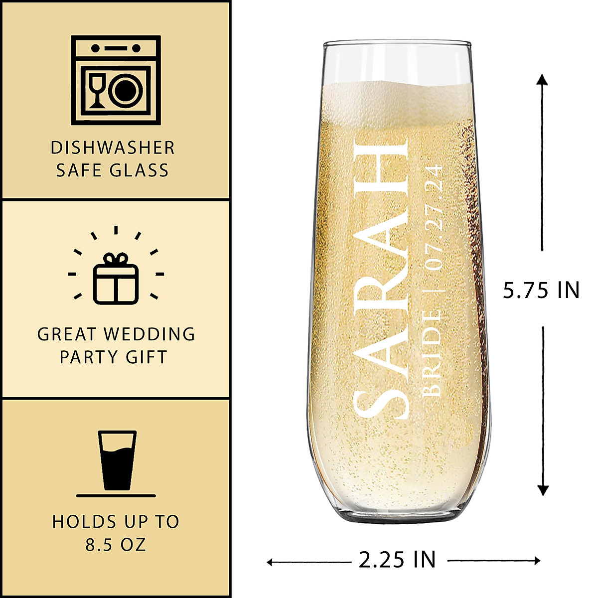 The Wedding Party Store Custom Etched Stemless Champagne Flutes - Personalized Monogrammed Bridesmaid Wedding Glasses