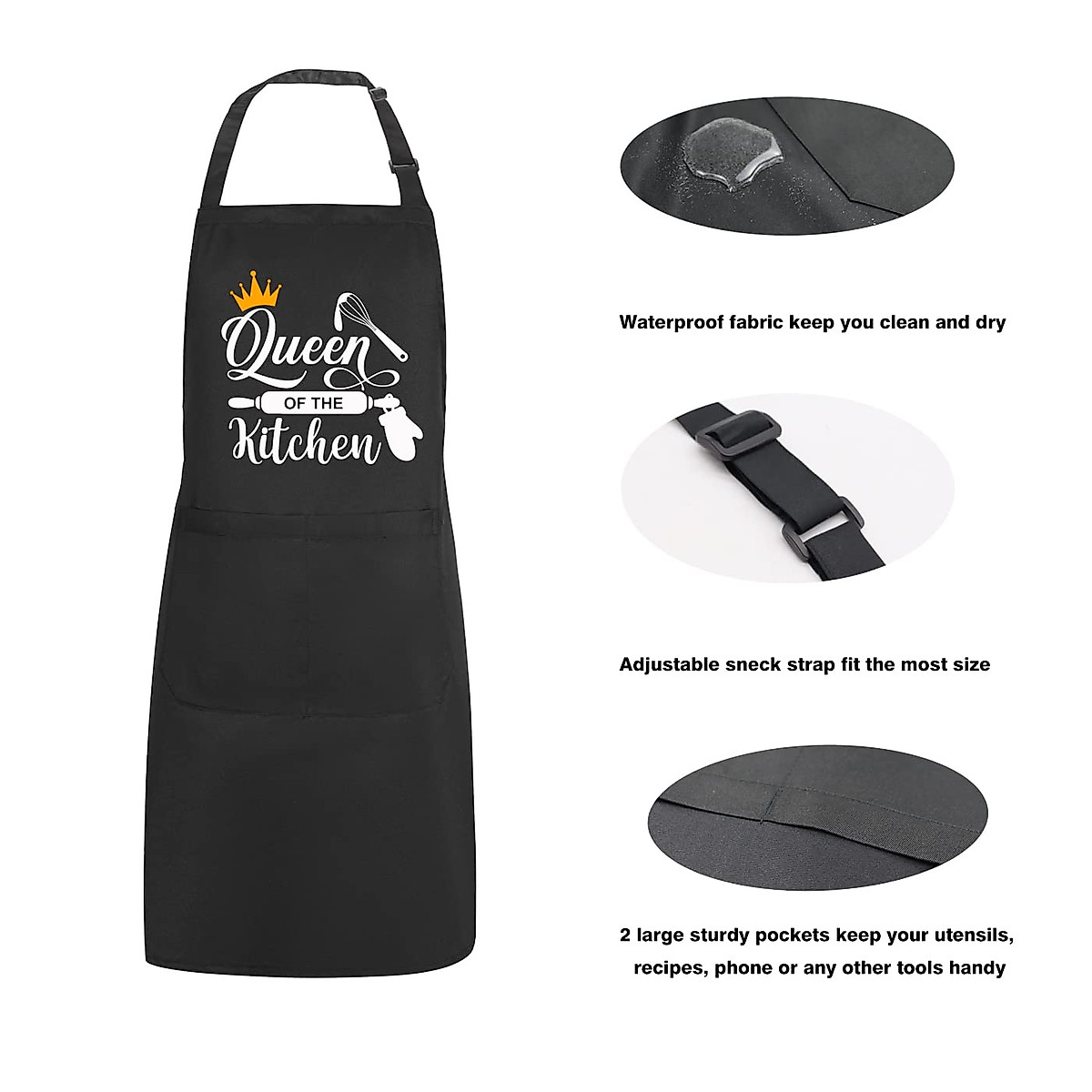Jpayxese Funny Cooking Aprons for Women with Pockets, Black Queen of the Kitchen Apron Cute Gifts for Wife Grandma Mom Girlfriend (queen of One Size