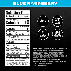 PRIME Energy BLUE RASPBERRY | Zero Sugar Energy Drink | Preworkout Energy | 200mg Caffeine with 355mg of Electrolytes and Coconut Water for Hydration| Vegan | Gluten Free |12 Fluid Ounce | 24 Pack
