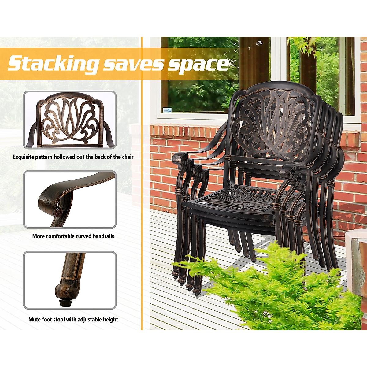 TITIMO Cast Aluminum Patio Dining Set 7-Piece with Cast-Top Rectangular Table and 6 Flower Chairs with Cushions,Outdoor Furniture Set for Backyard Porch Pool (Khaki)