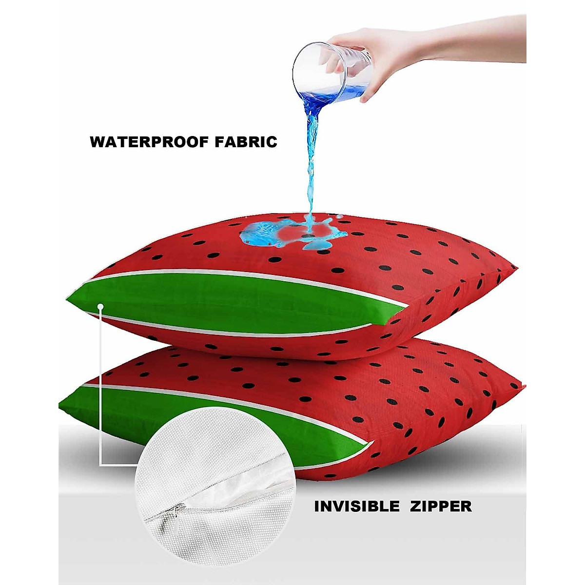 Lsrtoss Watermelon Outdoor Waterproof Pillow Covers, Black Polka Dots Green Summer Fruits Decorative Square Throw Pillowcase Sofa Cushion Sham for Patio/Couch/Chair, 18""x18"" 2 Pack, Summersrs49779