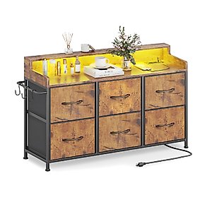 Leadpro Dresser for Bedroom with 6 Drawers, LED TV Stand Dresser with Charging Station, Chest of Fabric Drawers with Side Hooks, Dresser Storage Organizer for Closet Living Room Hallway (Rustic Brown)