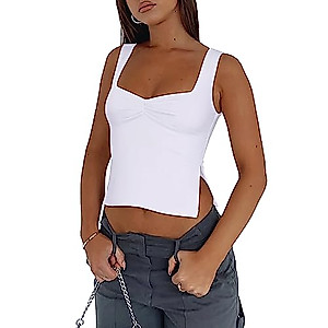 REORIA Women Summer Tops Sexy Ruched Sweetheart Neck Sleeveless Backless Side Split Tank Tops Going Out Y2K Trendy Cropped Tank Tops Pluse Size White Medium