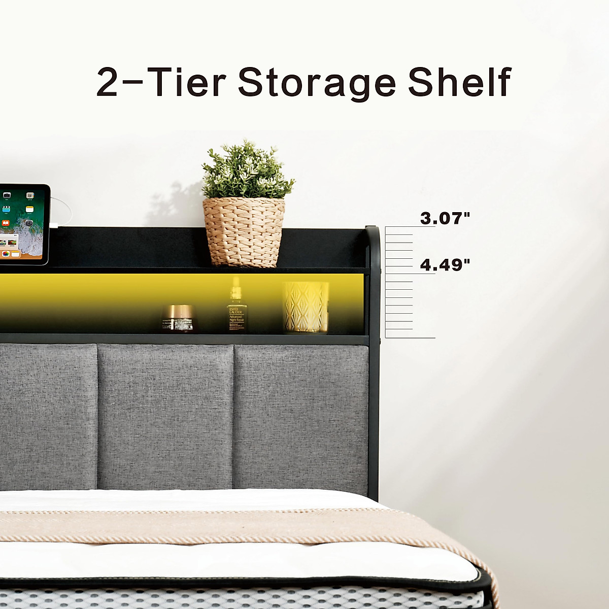 Z-hom Full Bed Frame with LED Lights Headboard, Full Size Heavy Duty Metal Hybrid Bed Frame Bed Base, Sturdy Upholstered Wooden Full Platform Bed with Charging Ports & Storage Shelves