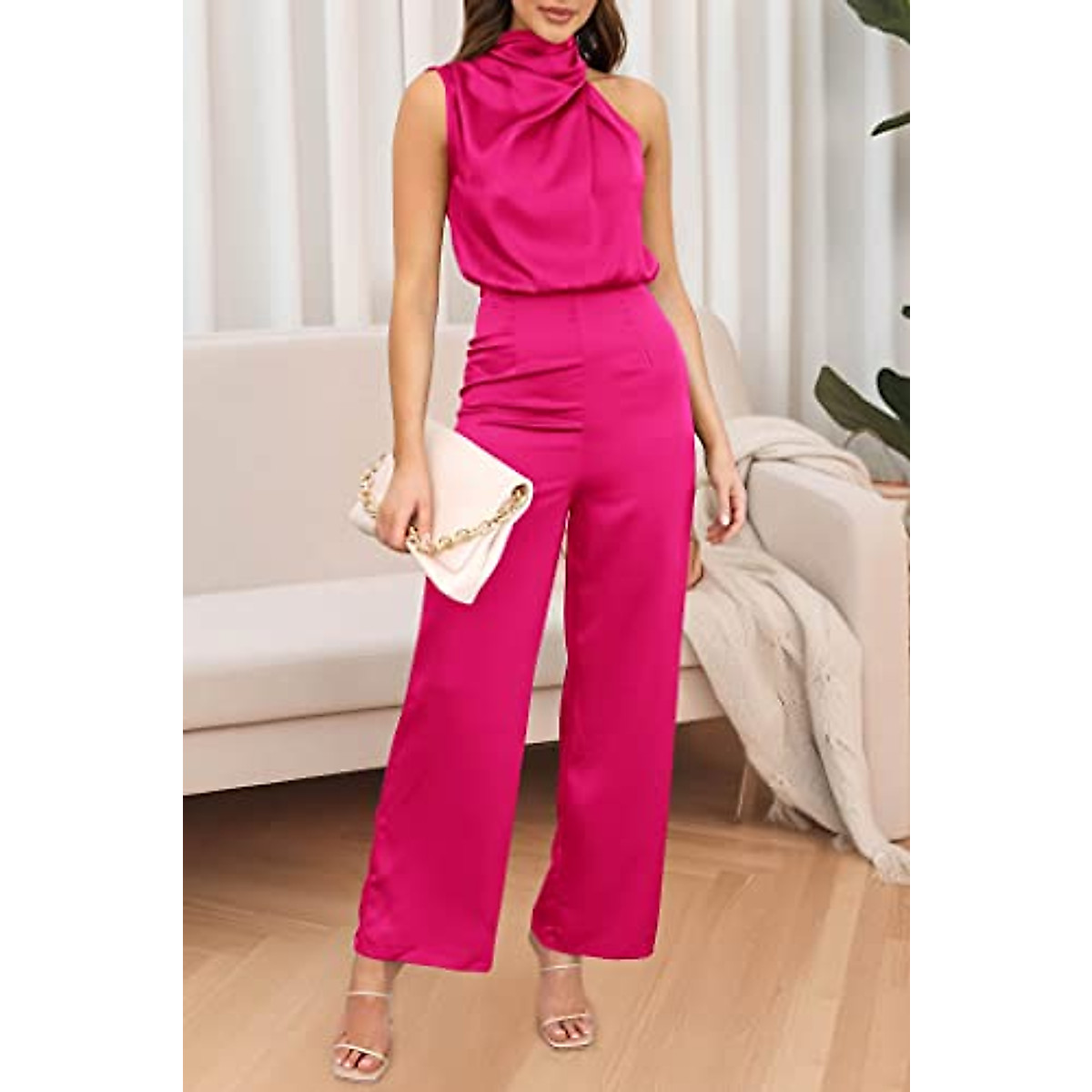 PRETTYGARDEN Women's Satin Jumpsuits 2024 Summer One Piece Outfits Mock Neck Sleeveless Wide Leg Pants Rompers (Rose Red,Medium)