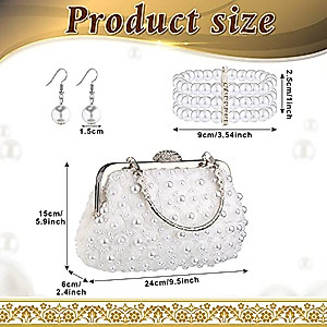 Juinte 4 Pcs 1920s Jewelry Set Include Vintage Pearl Clutch with Chain Faux Pearl Dangle Earring Multi Strands Bracelet and Necklace for Women Girls Wedding Prom Evening Anniversary Party Supplies