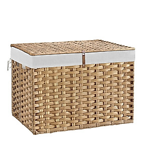 135L Wicker Storage Basket with Lid, Handwoven Large Shelf Basket with Removable Liner, 35.7 Gallon Wicker Basket for Blanket, Storage Trunk with Handle for Closet, Bedroom, Livingroom, Natural