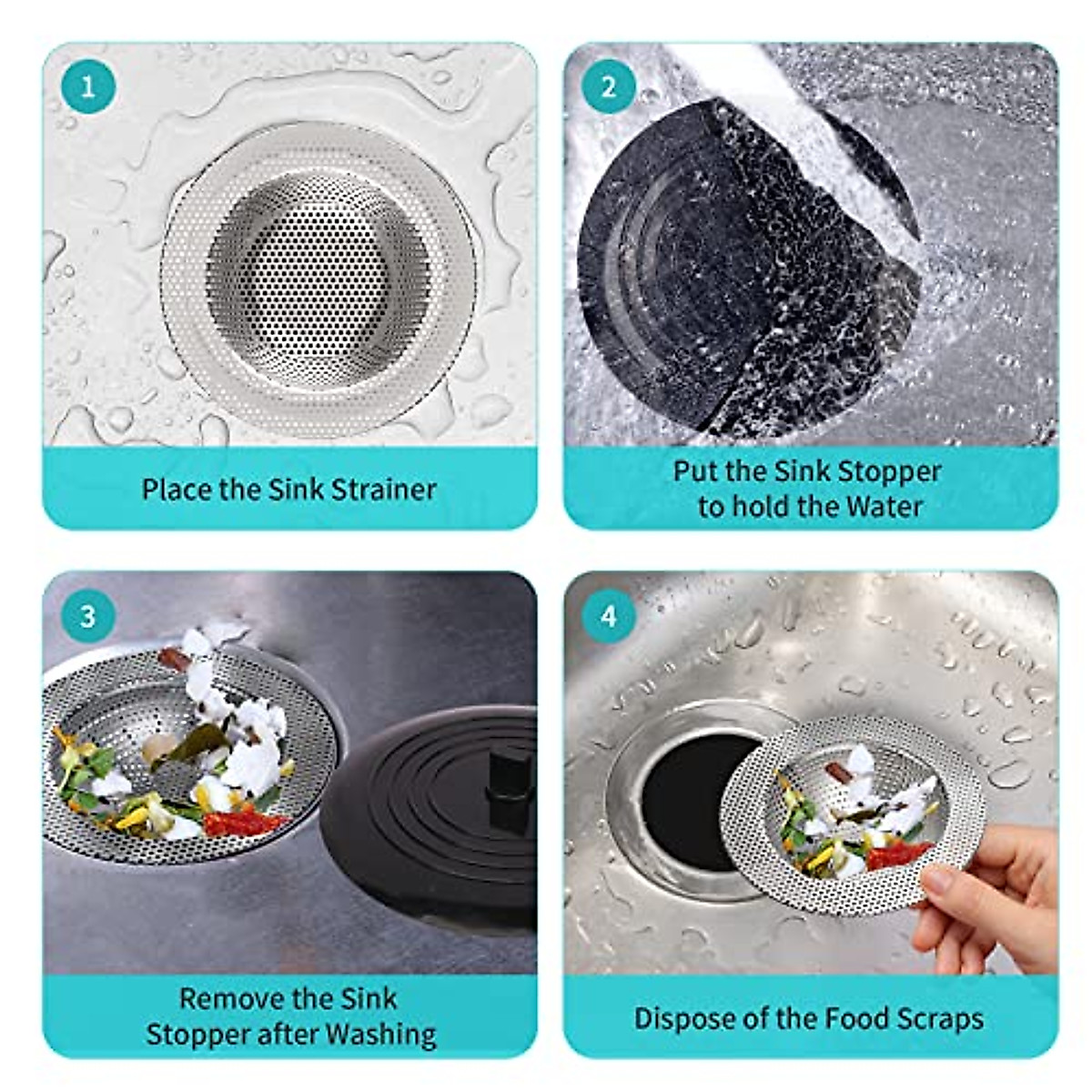 Ledorr 6PCS Kitchen Sink Strainer Sink Stopper, Universal Silicone Kitchen Sink Drain Strainer Cover Plug Stopper Kit, 4.5 Inch Stainless Steel Sink Filter Strainer, Food Catcher for Kitchen Sink
