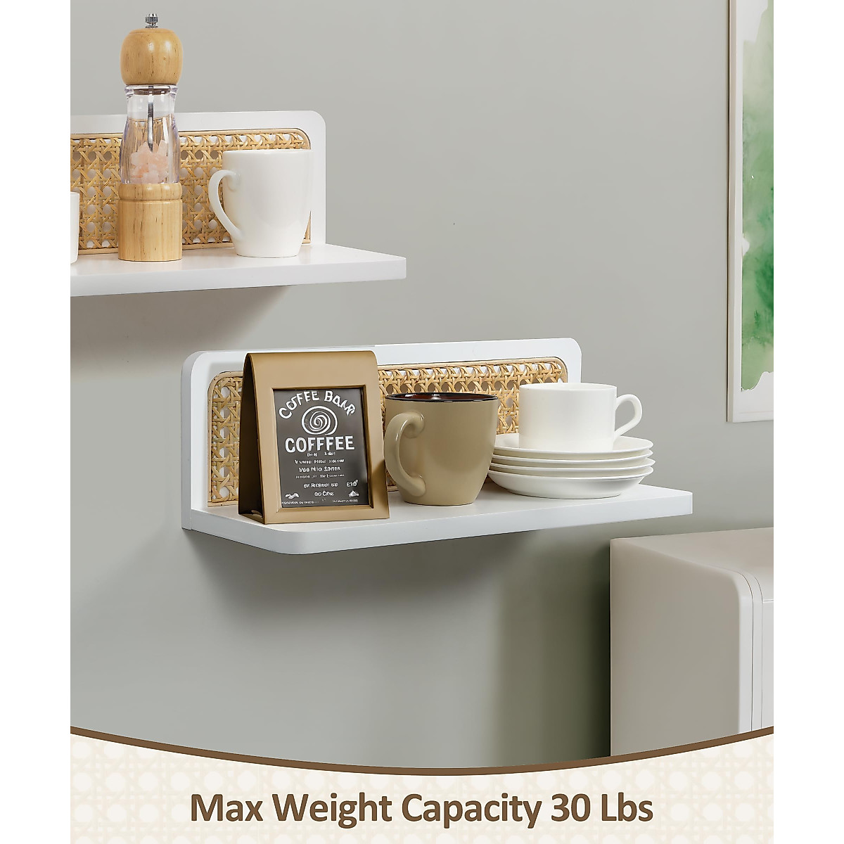 Maxpeuvon Rattan Floating Shelves, Boho Cane Webbing Wall Shelves Farmhouse Display Storage Organizer White Bookshelves Wicker Room Decor for Living Room Bedroom Entryway Hallway Bathroom, Set of 2