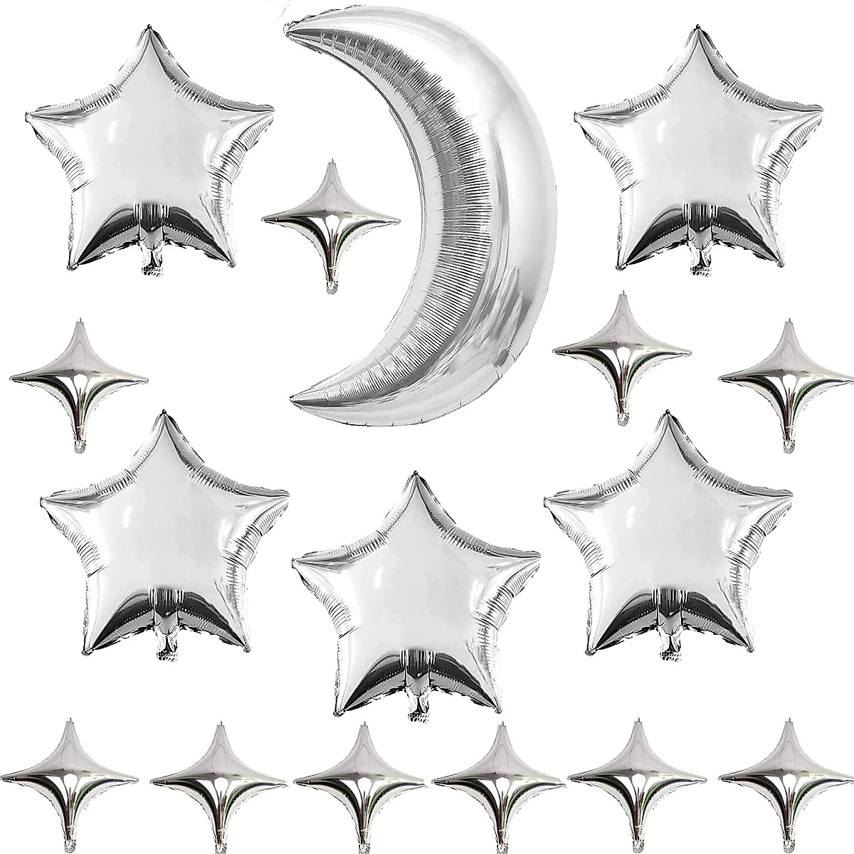 JANSONG 16 Pcs Silver Moon Star Foil Balloons Jumbo Mylar Foil Balloons Large Moon for Baby Shower Bar Theme Valentines Engagement Wedding Decors Anniversary Birthday Decorations Party Supplies
