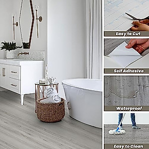 Oxdigi Peel and Stick Vinyl Flooring Roll 23"x 393"/64 Sq.Ft, Self Adhesive Vinyl Floor Tiles Wood Plank Flooring Waterproof Wear-Resistant for Any Room, Easy DIY Floor Coverings, Oak Grey