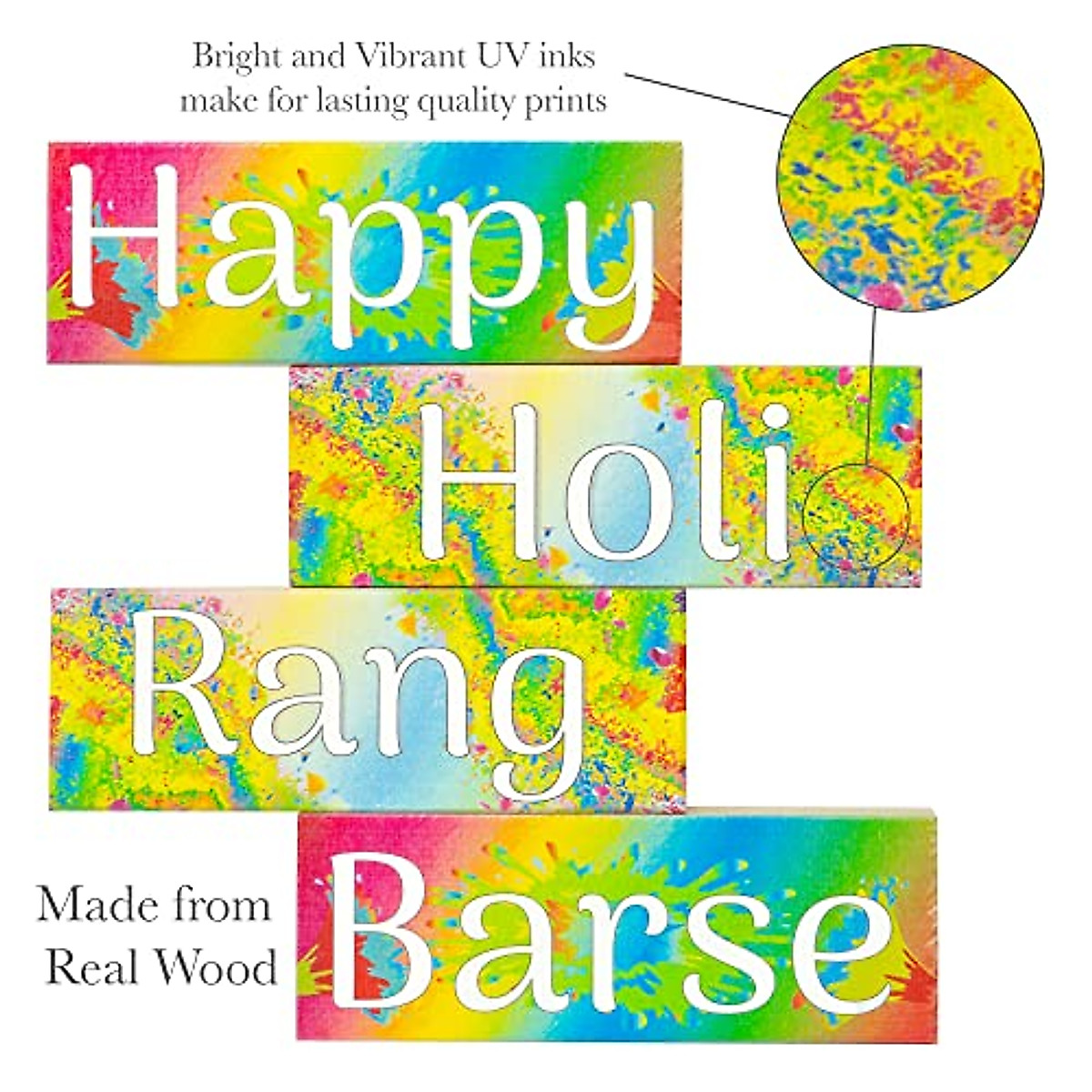 JennyGems Happy Holi Rang Barse Wooden Block Signs, Holi Decorations Party Supplies, Festival of Colors, Set of 4