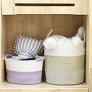 Hinwo Oval Cotton Rope Storage Basket Collapsible Nursery Storage Box Container Organizer with Handles, 13 x 10 inches, Off White and Lavander